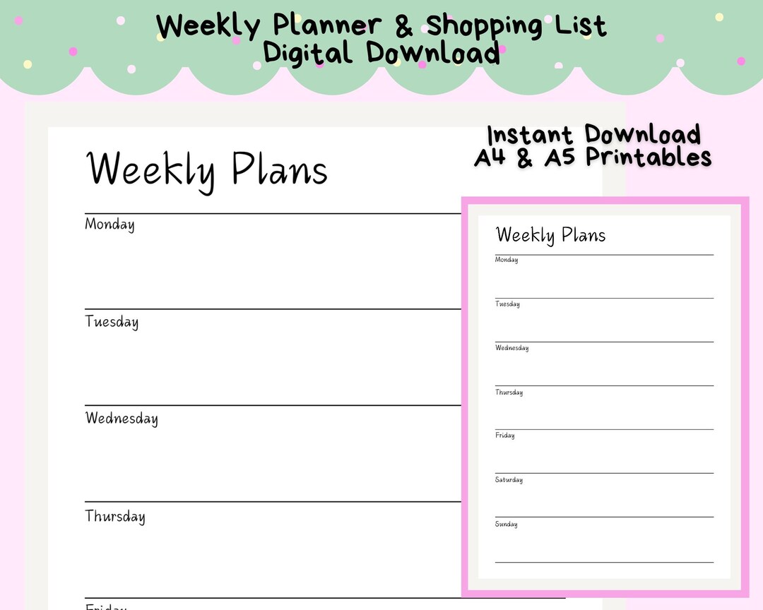 Weekly Planner Monday Start Printable Template Digital PDF & PNG A4/A5 ...