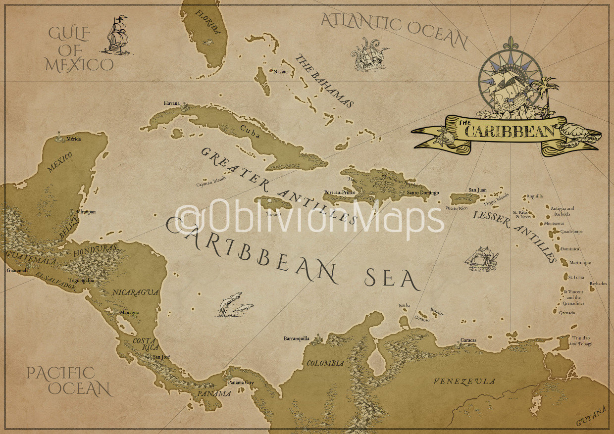 Fantasy-style Caribbean Map Wall Poster Digital Paper Print Art ...