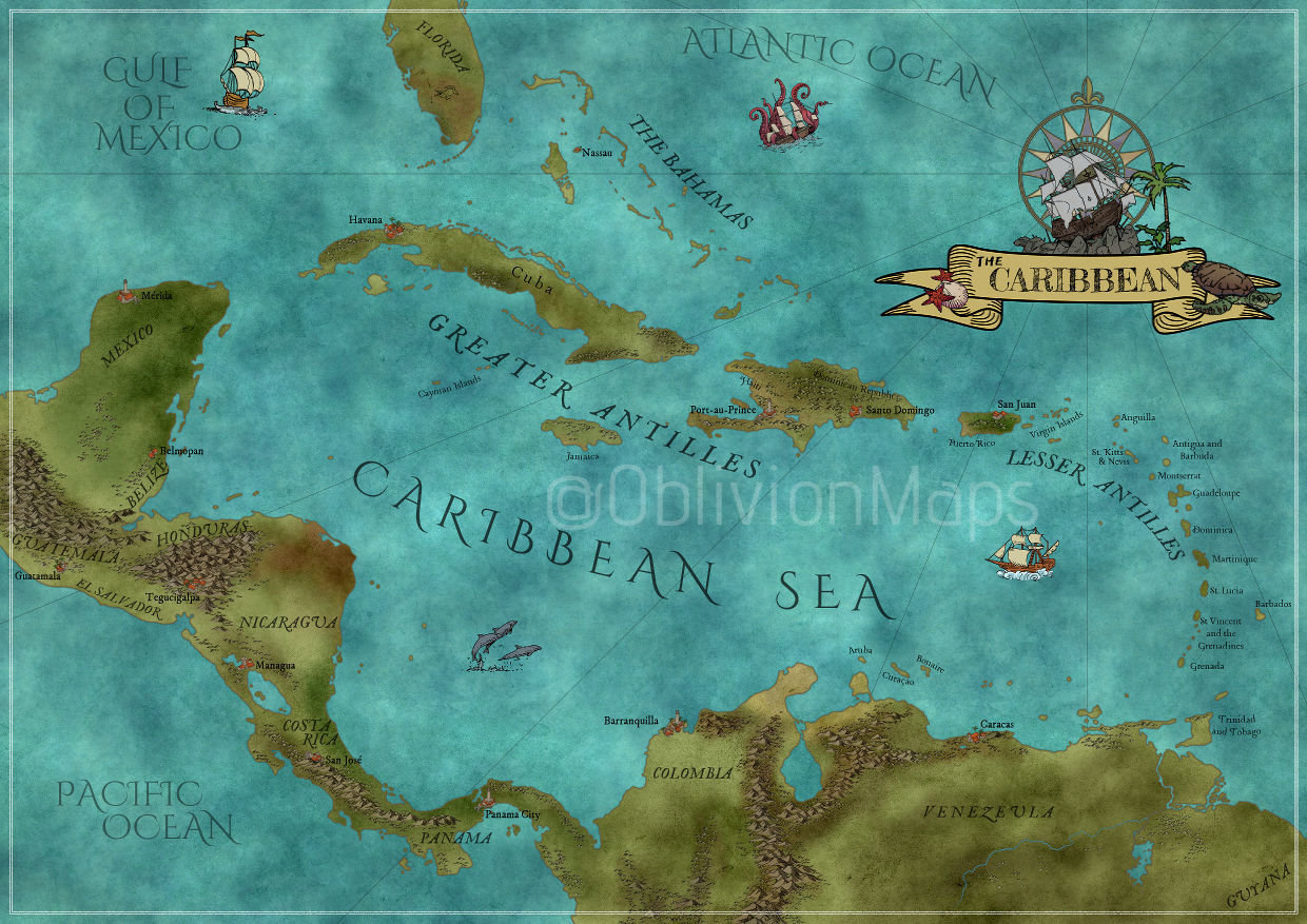Fantasy-style Caribbean Map Wall Digital Print Poster Art Decoration ...