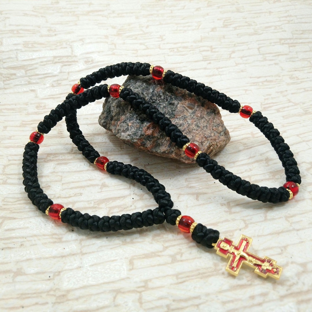 100 Knots Orthodox Prayer Rope: Black Chotki Rosary With Metallic Cross ...