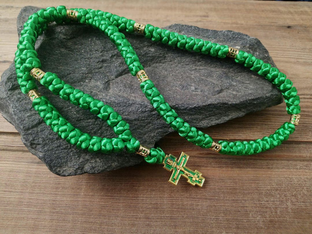 Green Orthodox Prayer Rope: 100 Knots Komboskini Rosary With Metallic ...