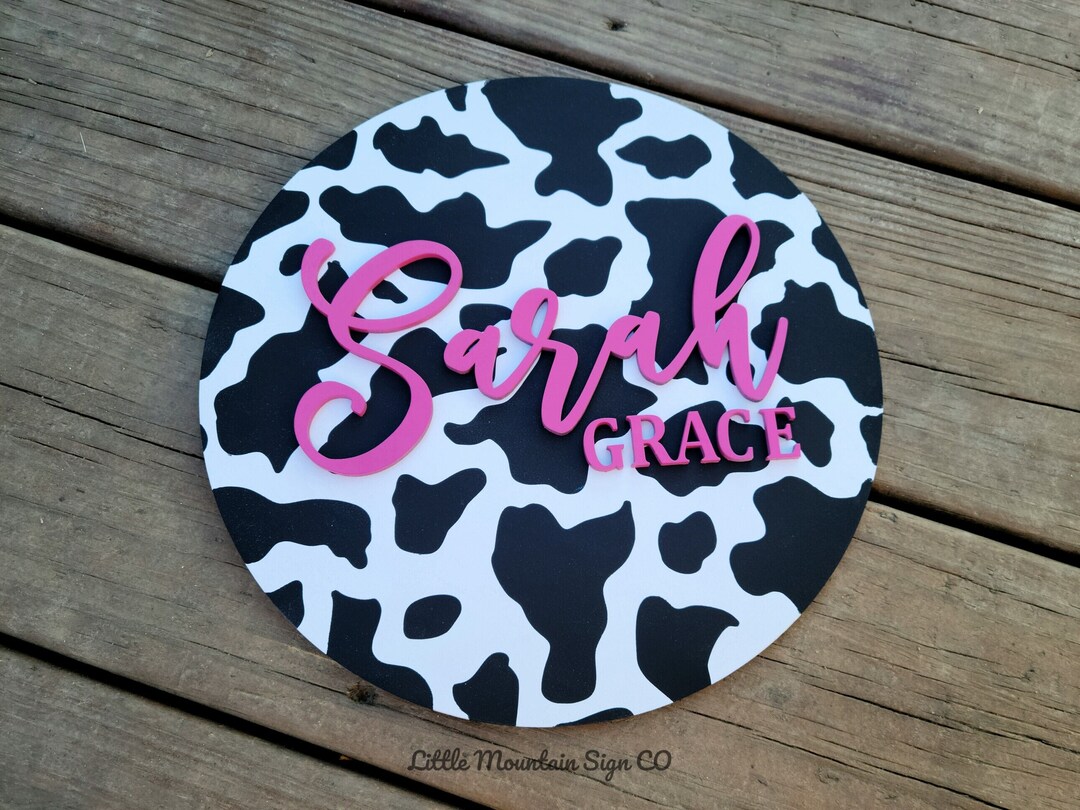 3D Cow Print Name Sign, Personalized Nursery Round Sign, Boy/girl Sign ...
