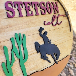 Western Cowboy Bronc Riding, Name Sign, Personalized Nursery Round Sign ...