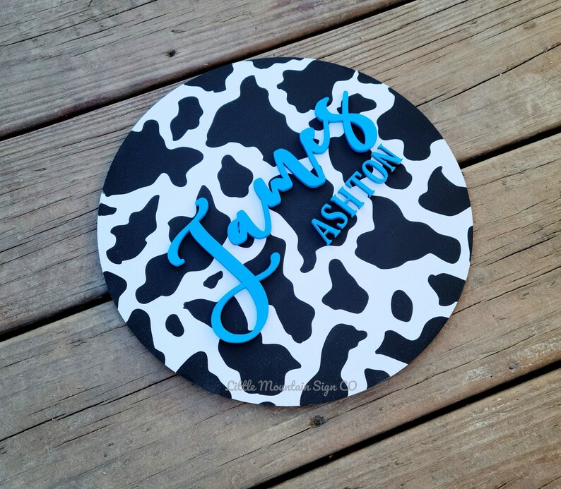 3D Cow Print Name Sign, Personalized Nursery Round Sign, Boy/girl Sign ...