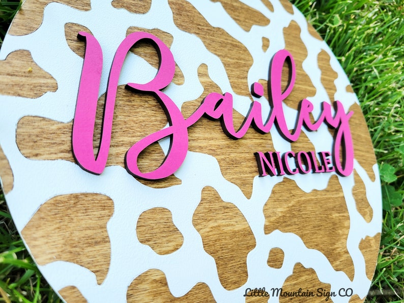 3D Cow Print Name Sign, Personalized Nursery Round Sign, Boy/girl Sign ...