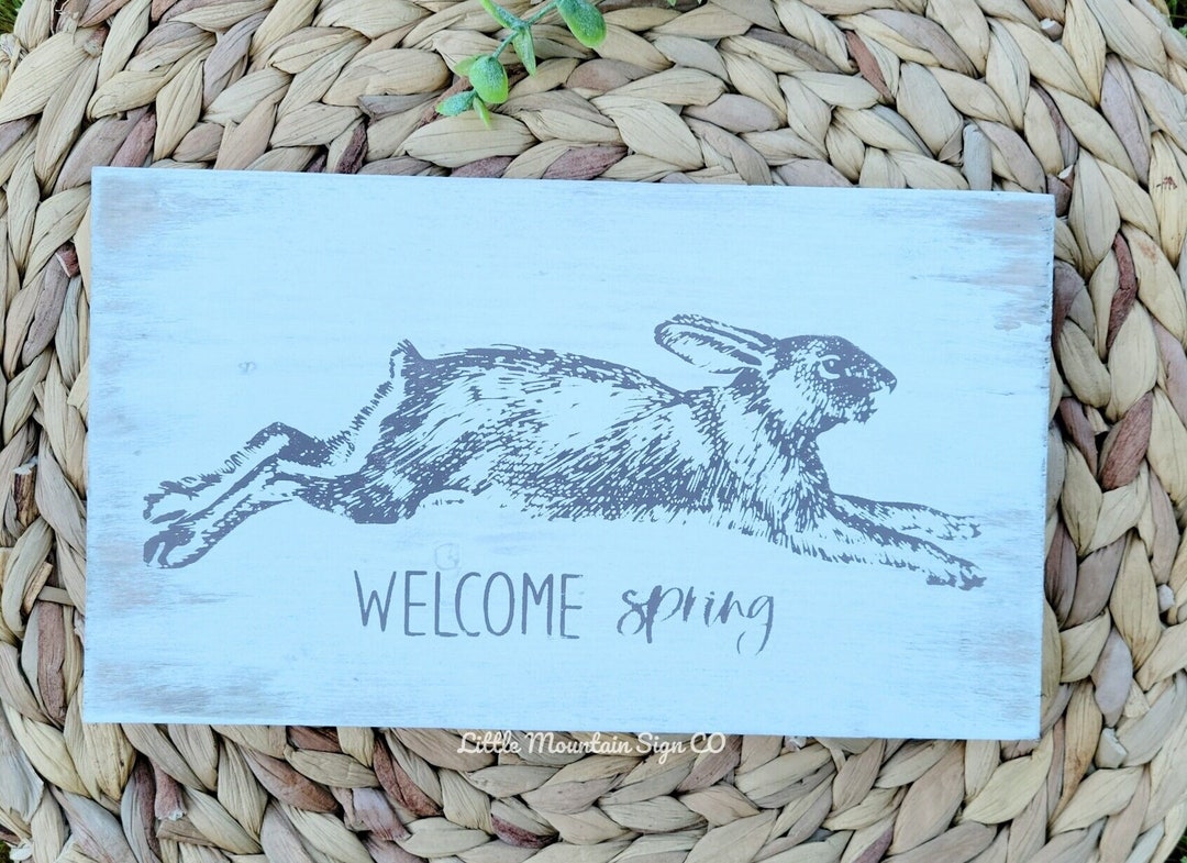 Welcome Spring Bunny Rabbit Wood Sign, Farmhouse Sign, Wood Block Sign ...