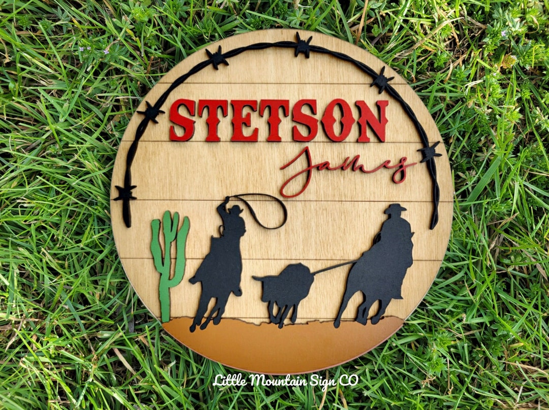 Western Cowboy Team Roping Calf Name Sign, Personalized Nursery Round ...