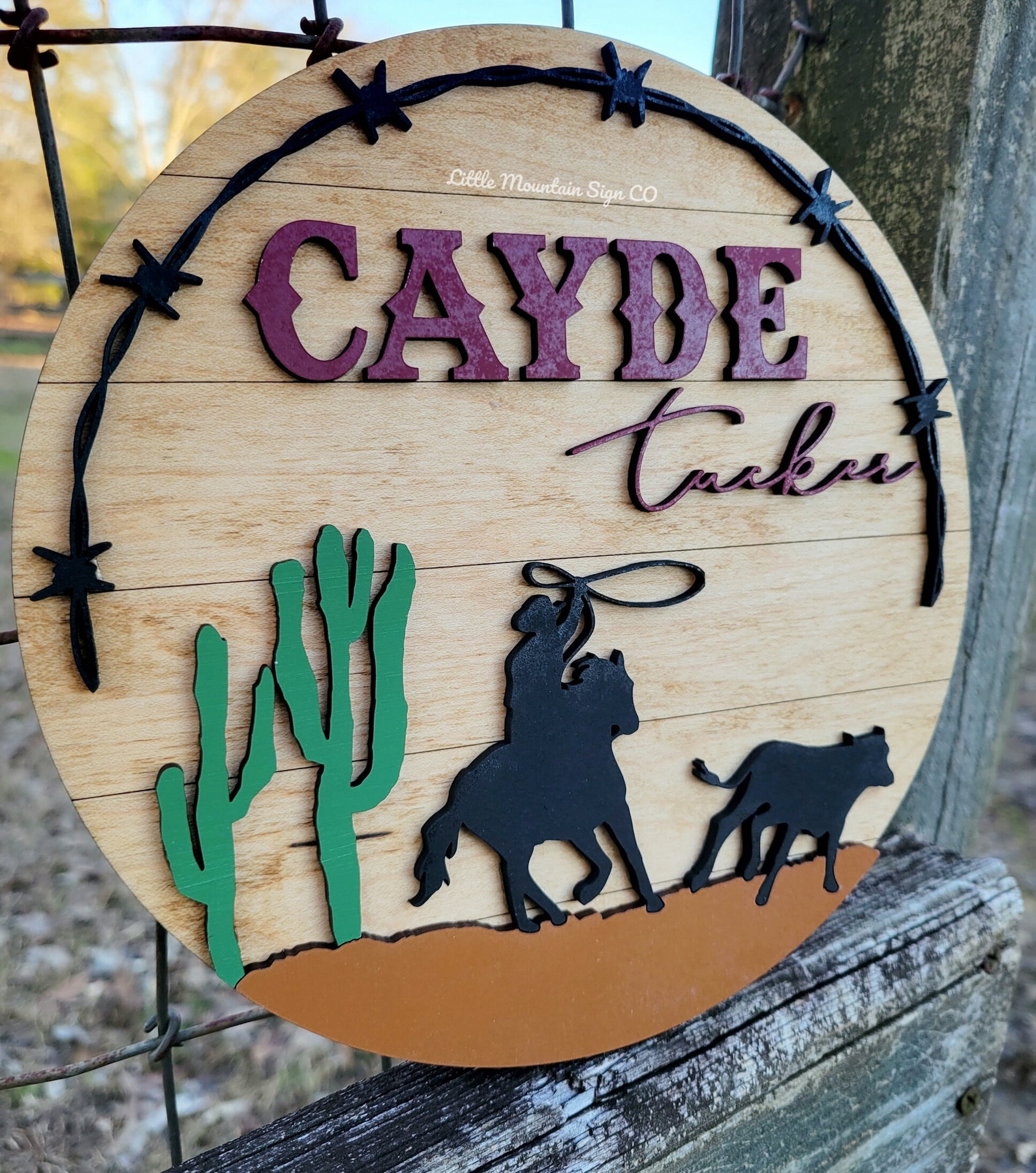 Western Cowboy Roping Calf Name Sign, Personalized Nursery Round Sign ...