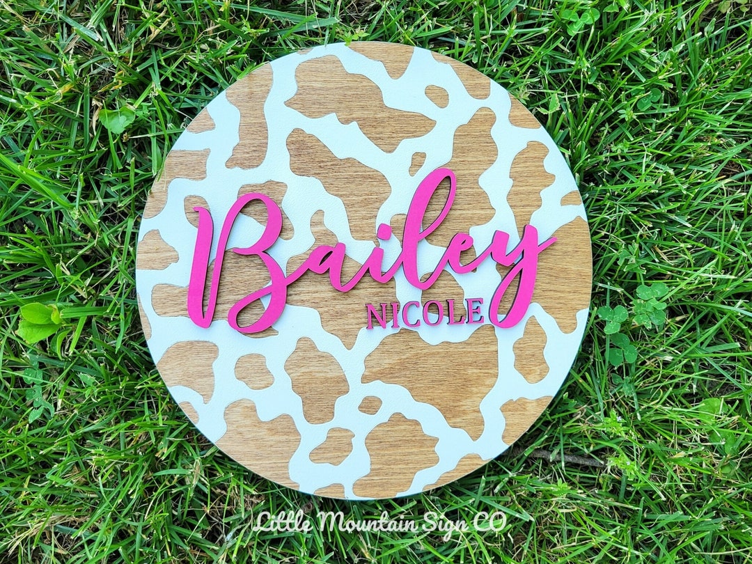 3D Cow Print Name Sign, Personalized Nursery Round Sign, Boy/girl Sign ...