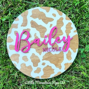 3D Cow Print Name Sign, Personalized Nursery Round Sign, Boy/girl Sign ...