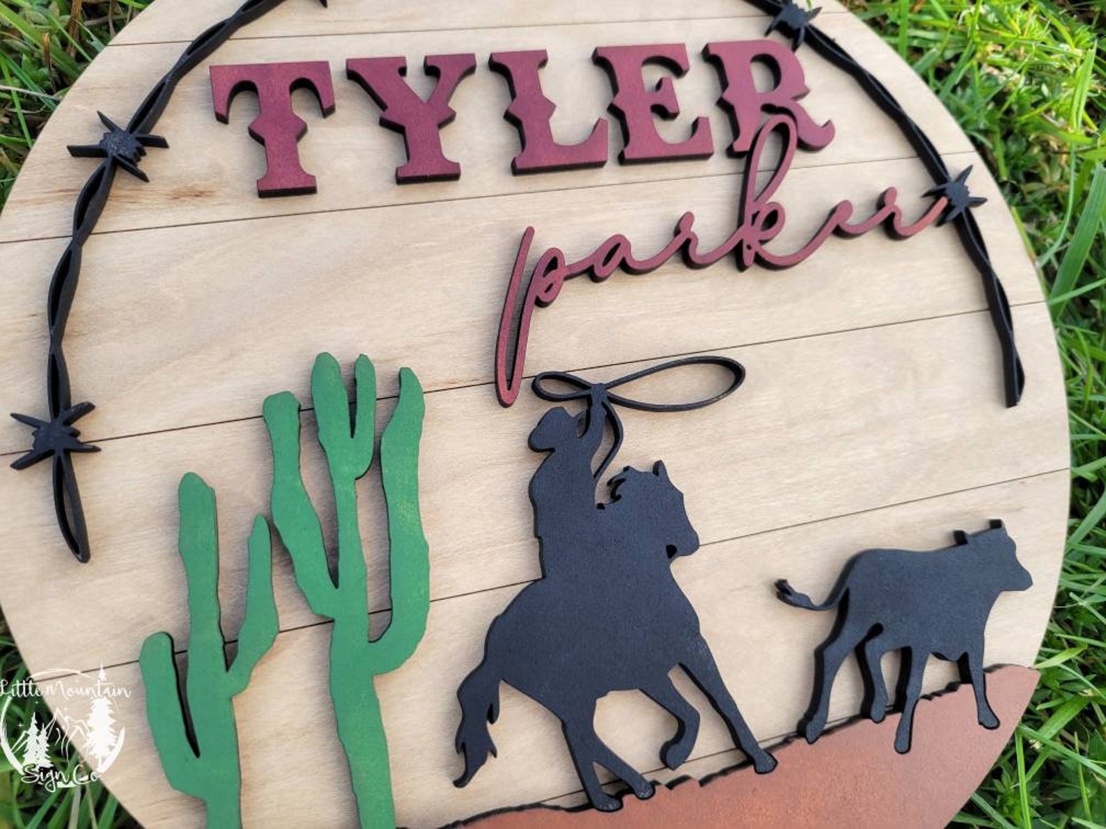 Western Cowboy Roping Calf Name Sign, Personalized Nursery Round Sign ...