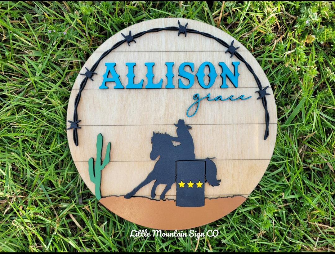 Barrel Racing Name Sign, Cowgirl, Western, Horse, Rider, Rodeo Event ...