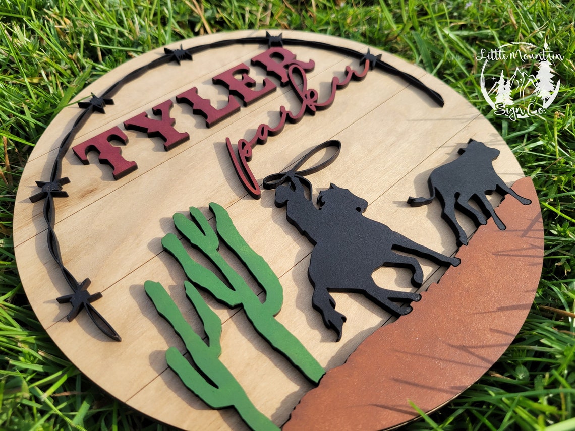 Western Cowboy Roping Calf Name Sign, Personalized Nursery Round Sign ...