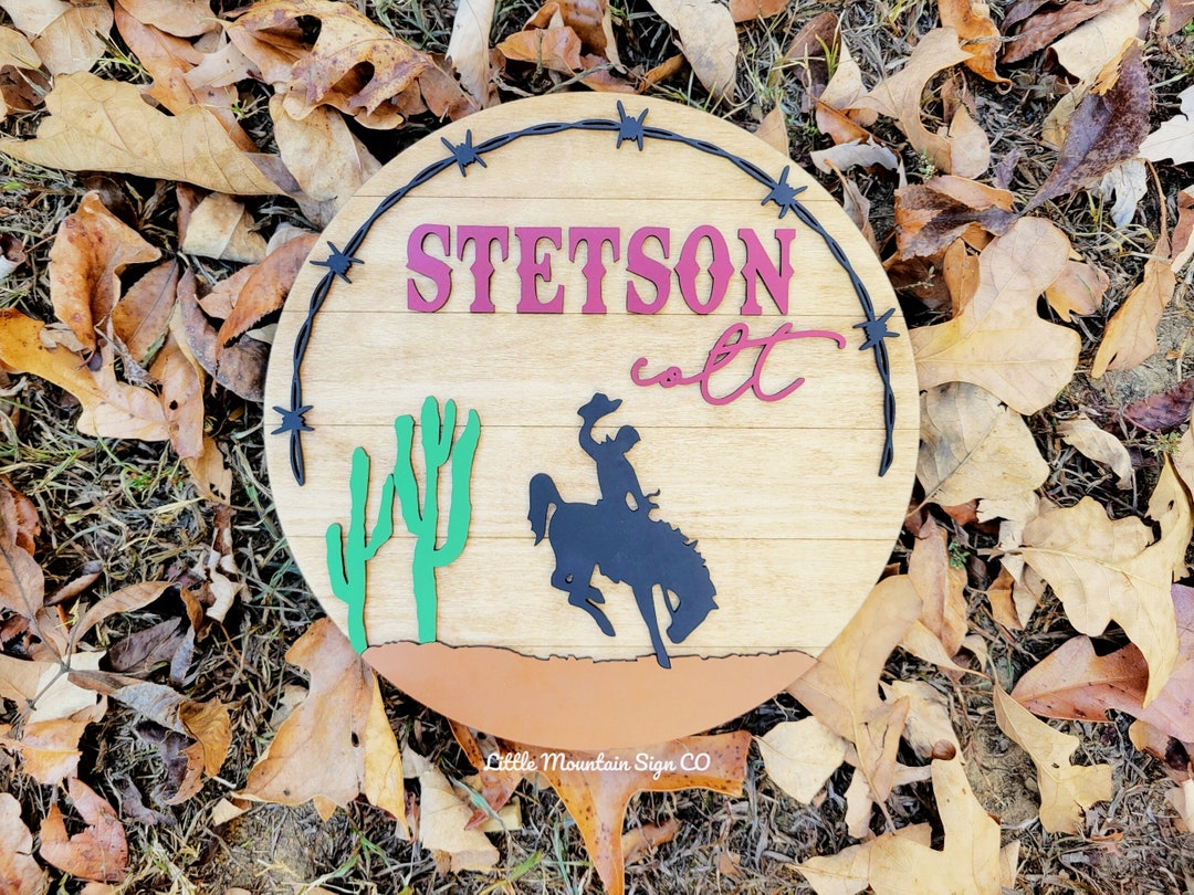 Western Cowboy Bronc Riding, Name Sign, Personalized Nursery Round Sign ...