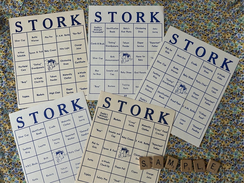 Vintage Baby Shower Stork Bingo Cards, SET OF FIVE, Perfect for Party ...
