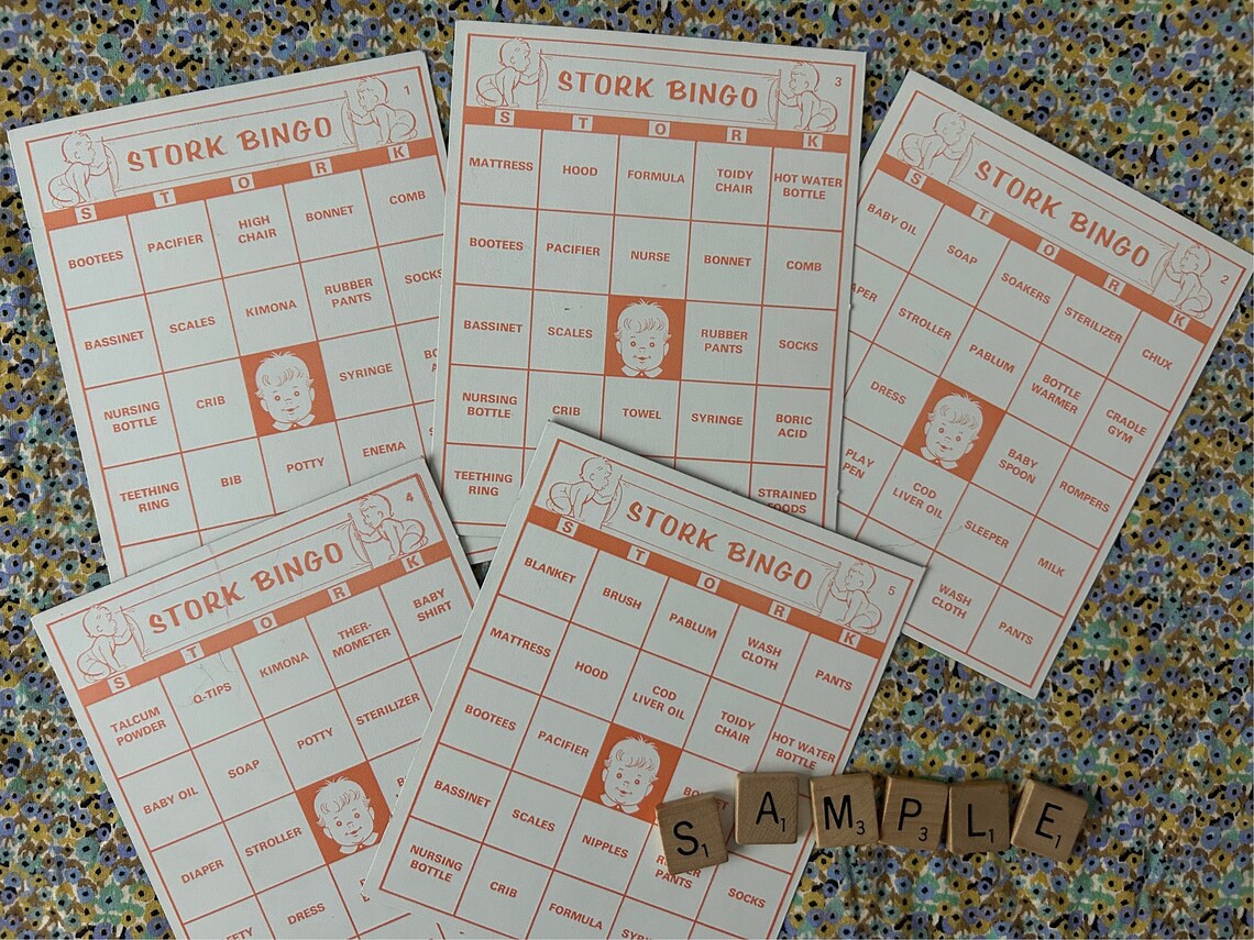 Vintage Baby Shower Stork Bingo Cards, SET OF FIVE, Perfect for Party ...
