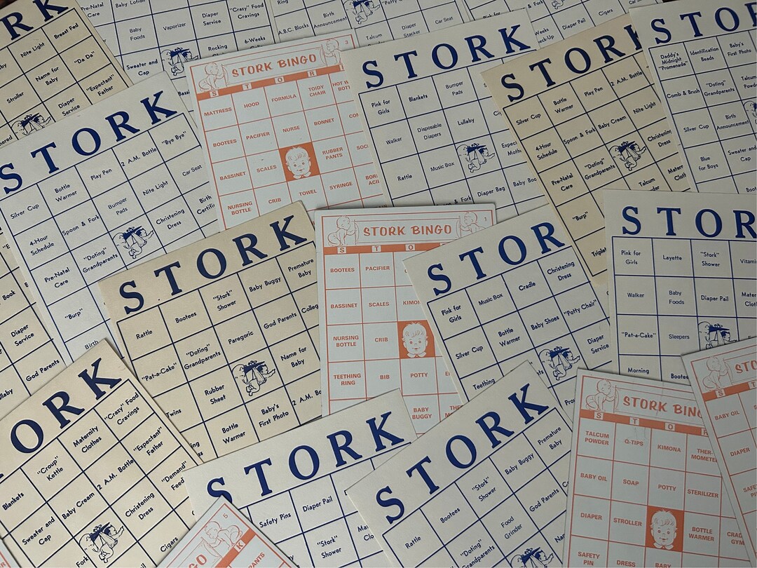 Vintage Baby Shower Stork Bingo Cards, SET OF FIVE, Perfect for Party ...