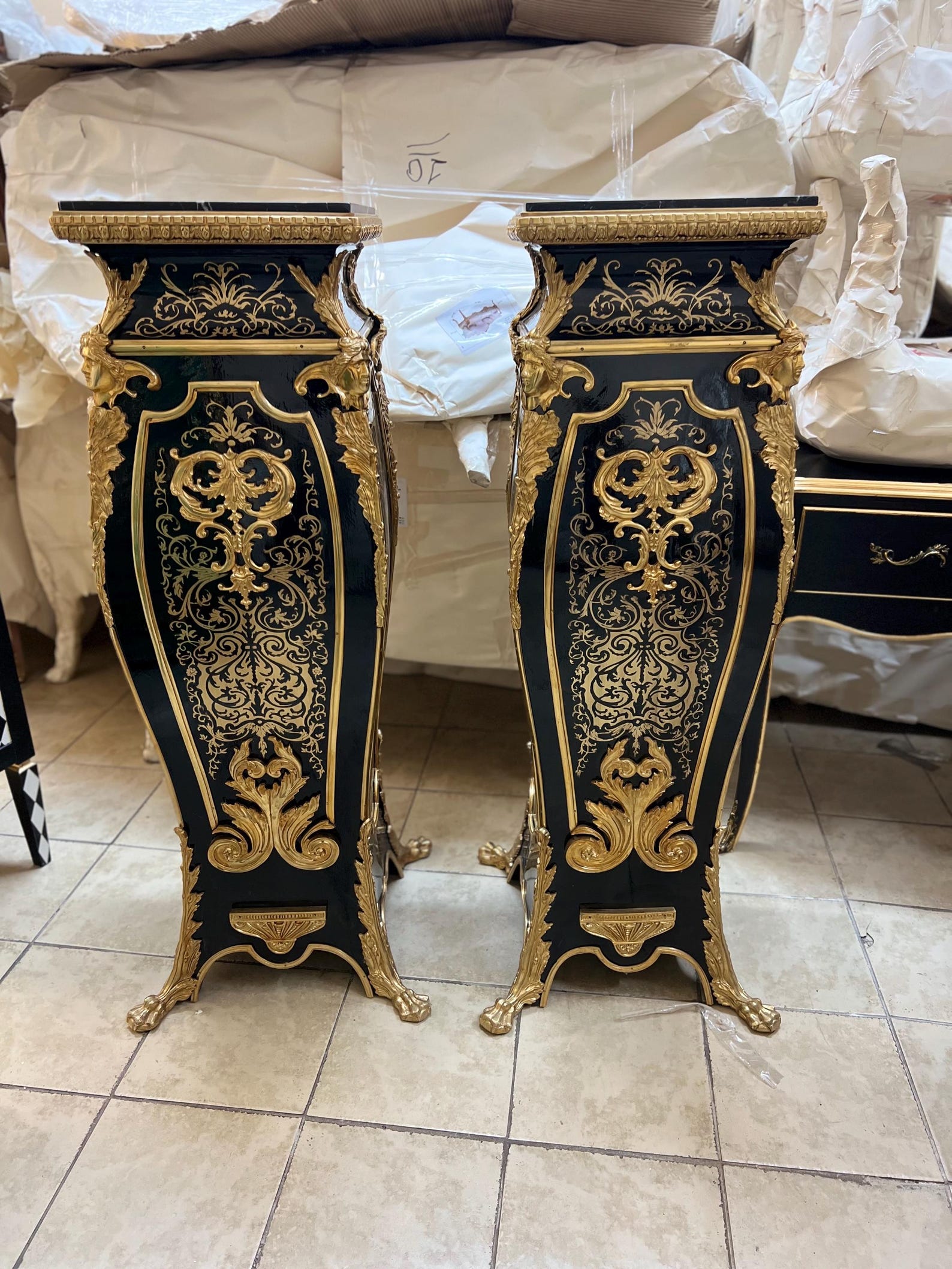 Pair of Louis XV Boulle Pedestal Table Stands French Inlay Black ...