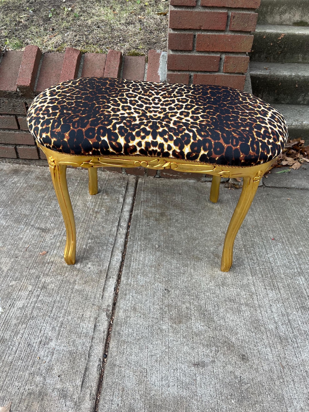 Leopard Louis XV Gold Leaf Bench Stool Ottoman Real Solid Wood Vintage ...