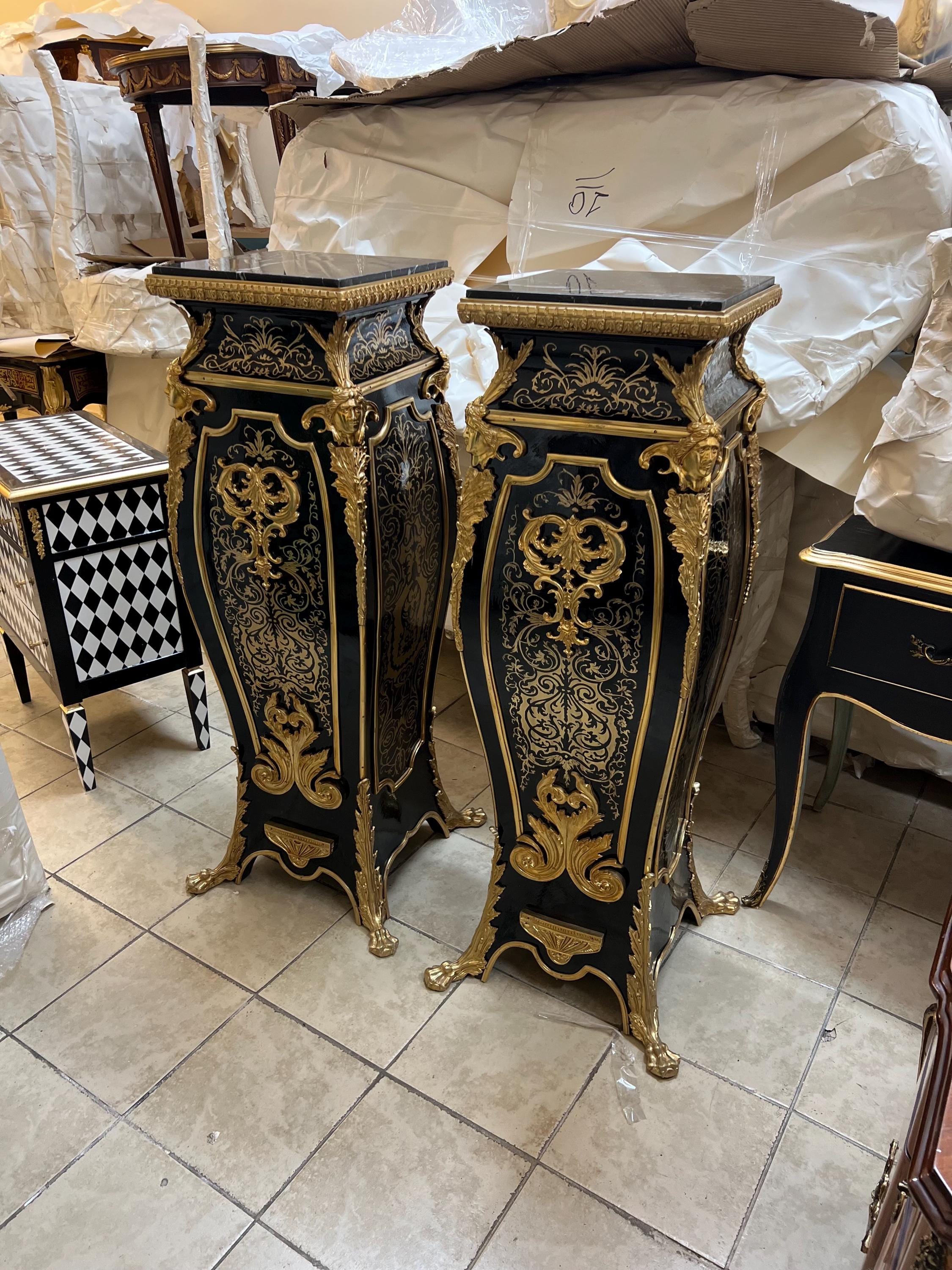 Pair of Louis XV Boulle Pedestal Table Stands French Inlay Black ...