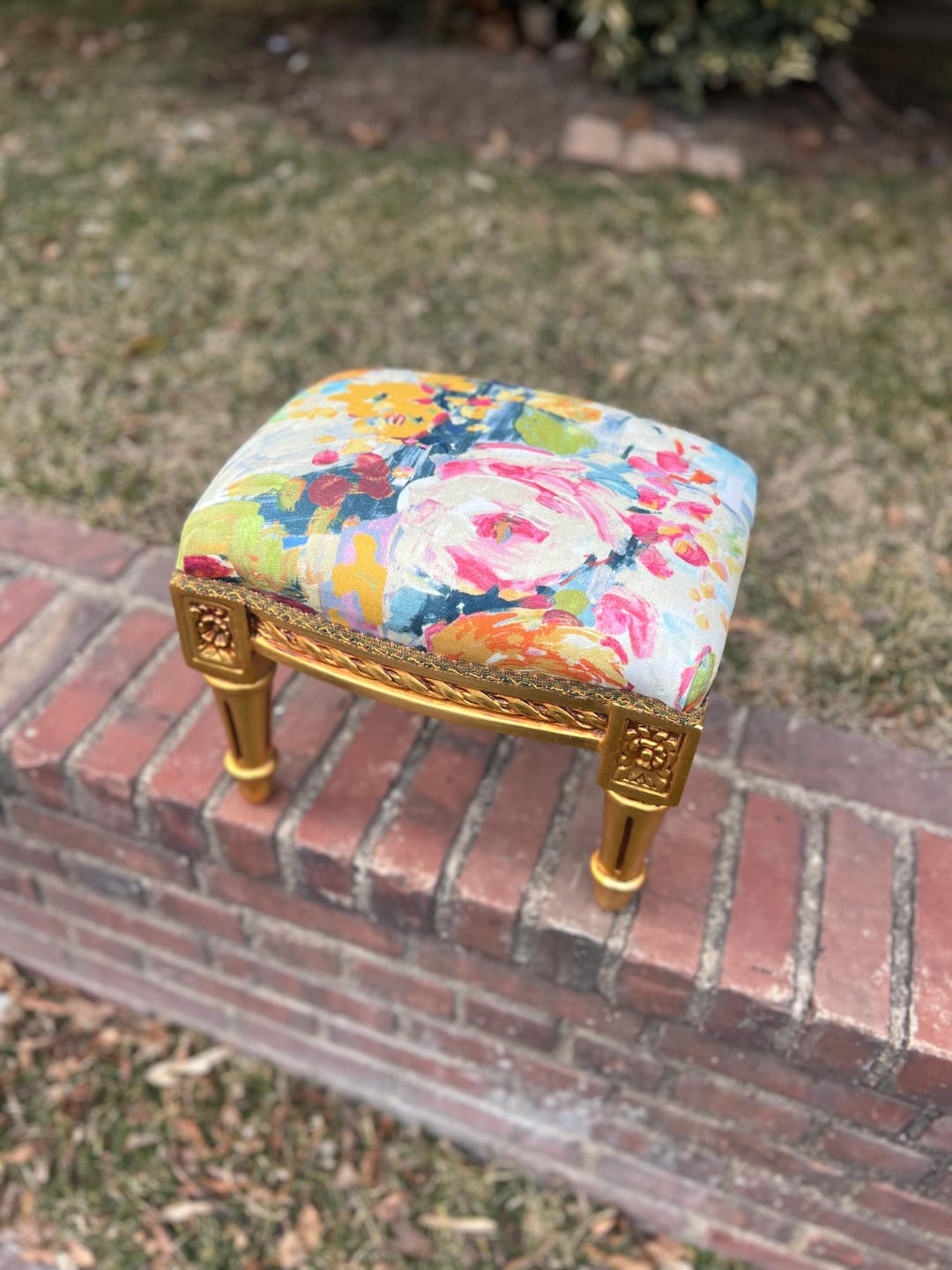 Floral Upholstered Footstool in Gold Leaf - Etsy