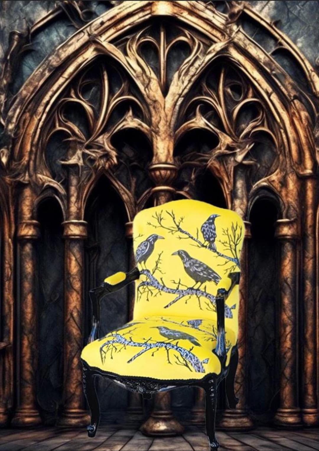 Gothic Raven Crow Yellow Velvet and Embroidery Armchair - Etsy