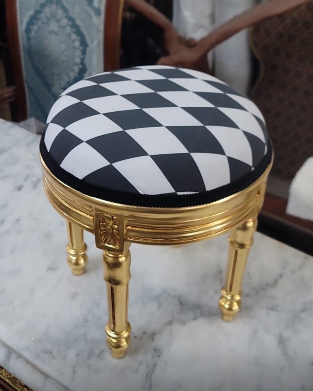 Harlequin Black and White Footstool in Gold Leaf Stool Small Chair - Etsy