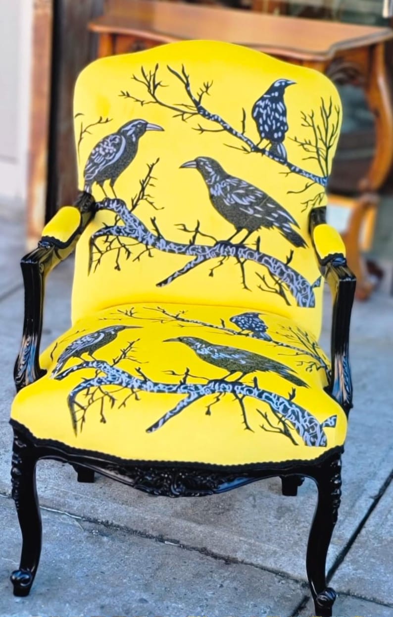 Gothic Raven Crow Yellow Velvet and Embroidery Armchair - Etsy
