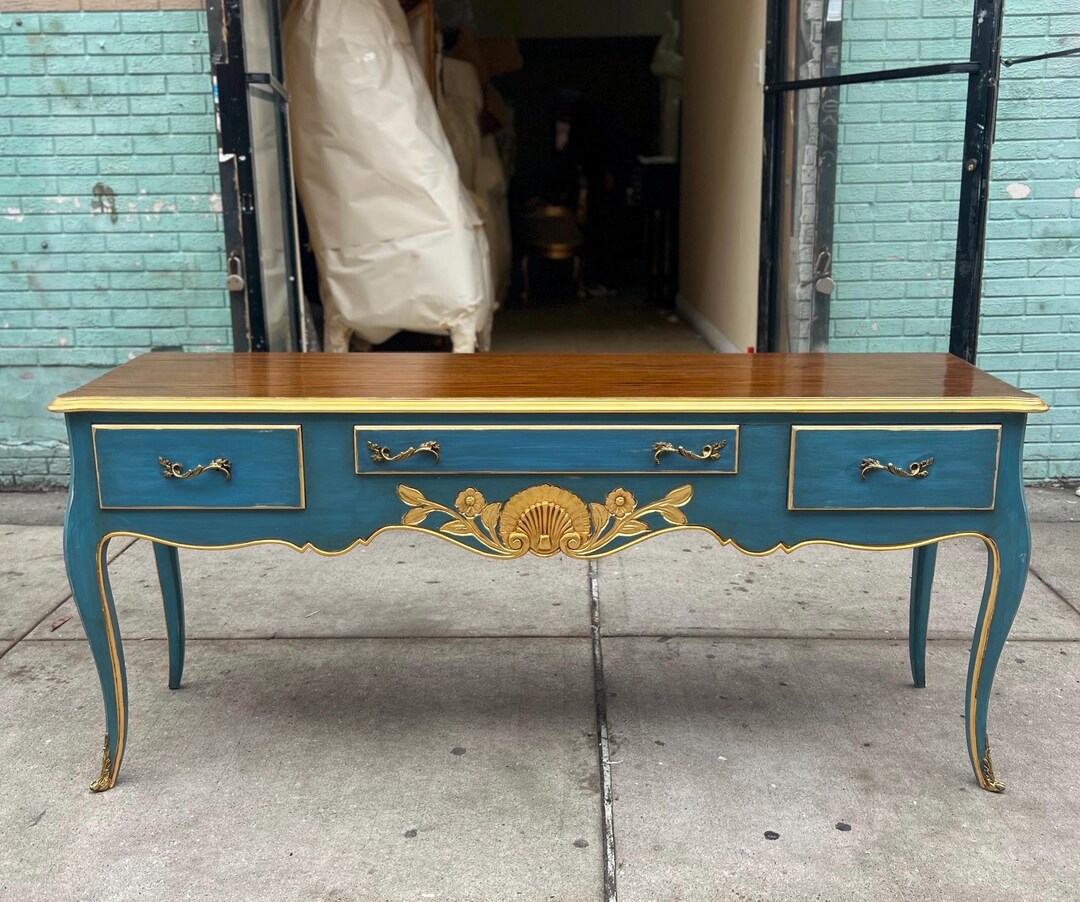 French Vintage Countryside Painted Louis XV Blue Style Console Table - Etsy