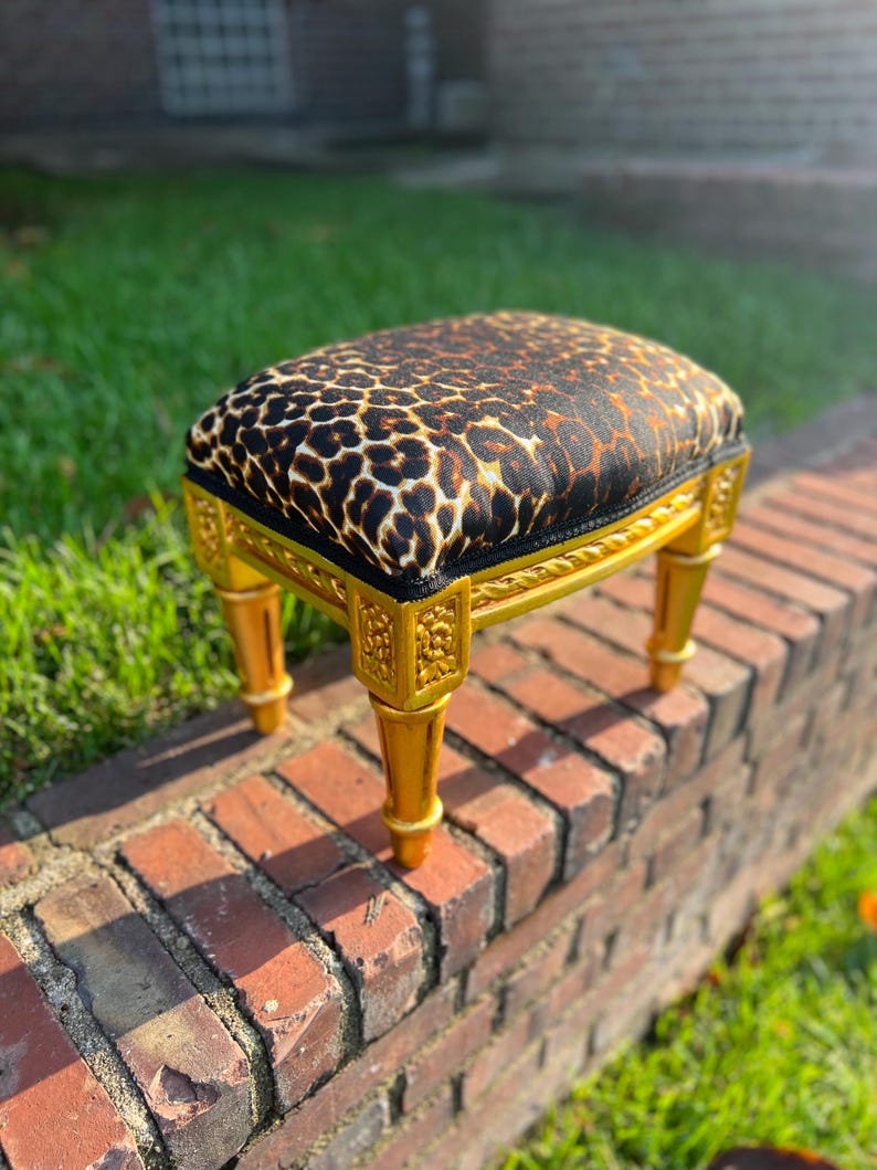 Leopard Print Upholstered Footstool in Gold Leaf Small Chair - Etsy
