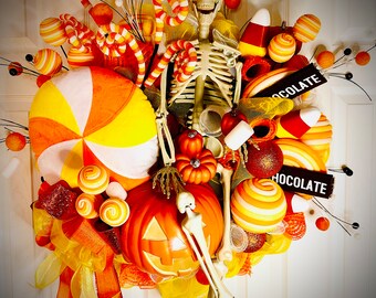 Candy Corn Wreath, Skull Wreath, Halloween Wreath, Halloween Decoration ...