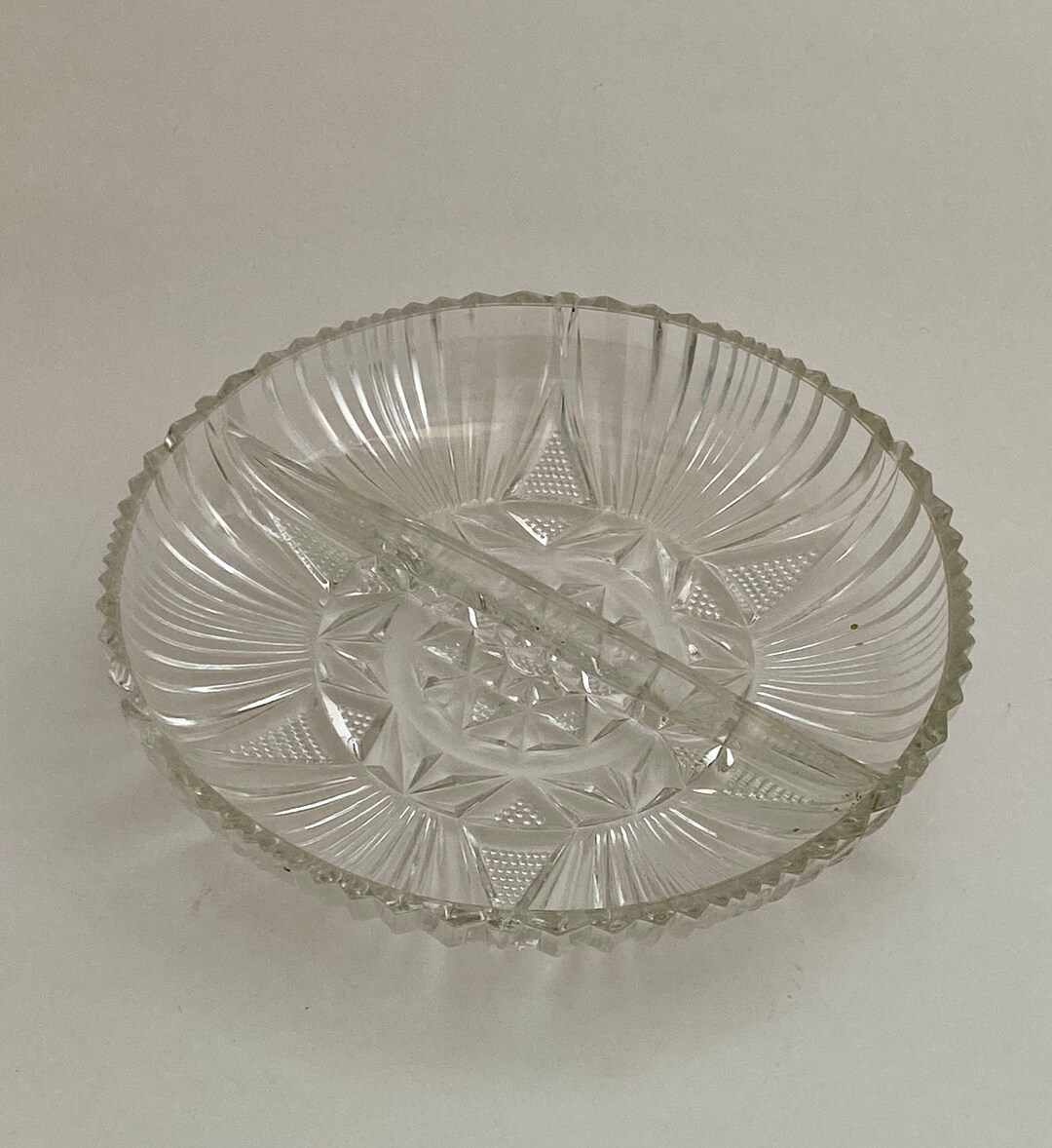 Vintage 2 Section Round Presses Cut Glass Plate 6.5 Candy, Relish Dish ...