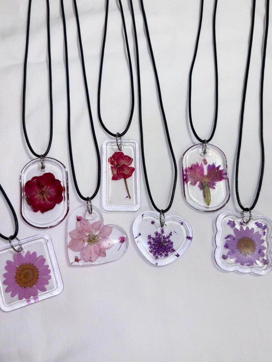 Handmade Resin Multi Shaped Pendants With Real Pressed Flowers on Black ...