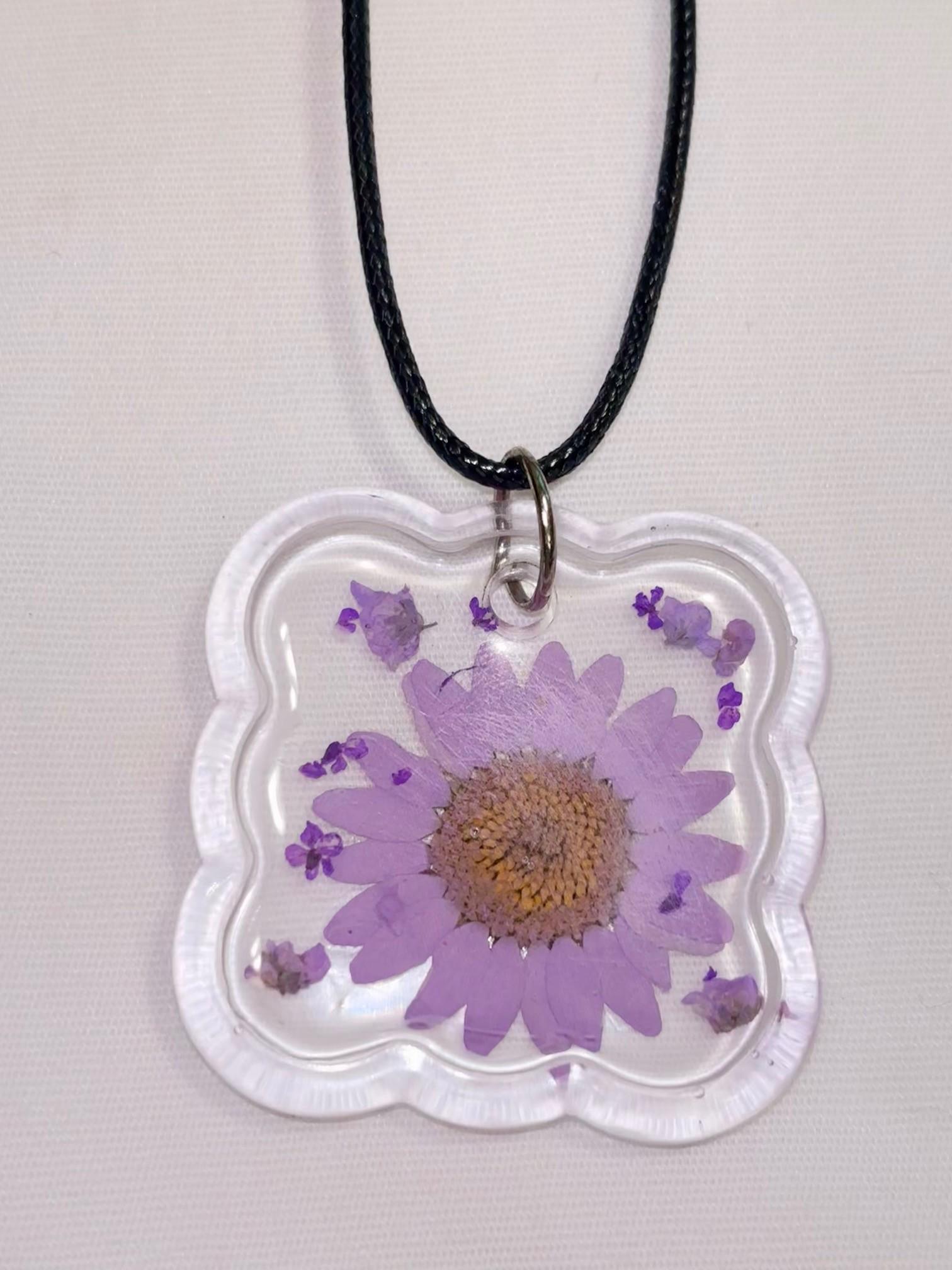 Handmade Resin Multi Shaped Pendants With Real Pressed Flowers on Black ...
