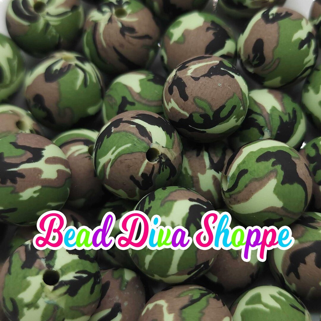 Set of 10 - 15mm - GREEN CAMO - Round Silicone Beads for Diy and ...