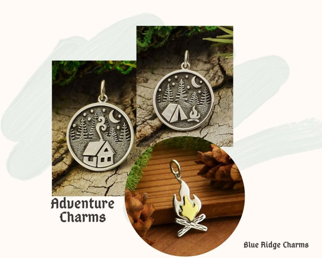Sterling Silver Cabin Charm With Trees and Moon, Tent Charm, Camping ...