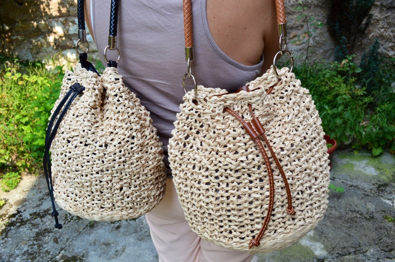 Gehaakte Raffia Bucket Bag Drawstring Basket Schoudertas Rieten Tote ...