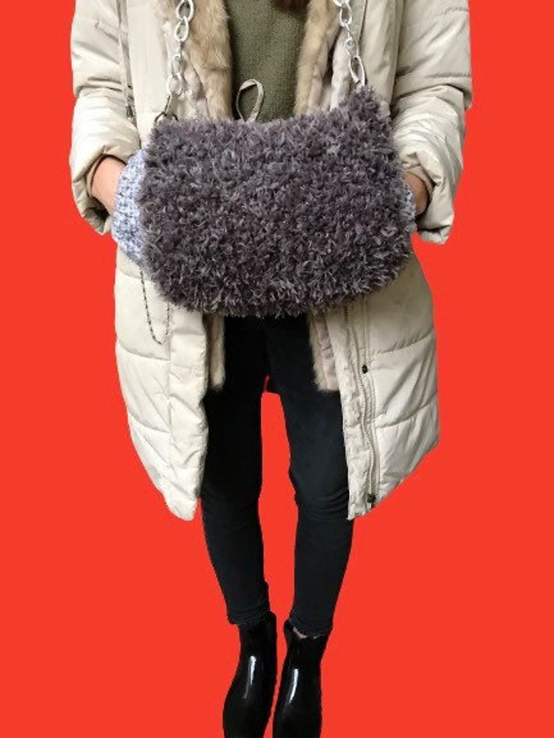 Double Handknitted Mokko Color Muff of Faux Fur and Wool With - Etsy