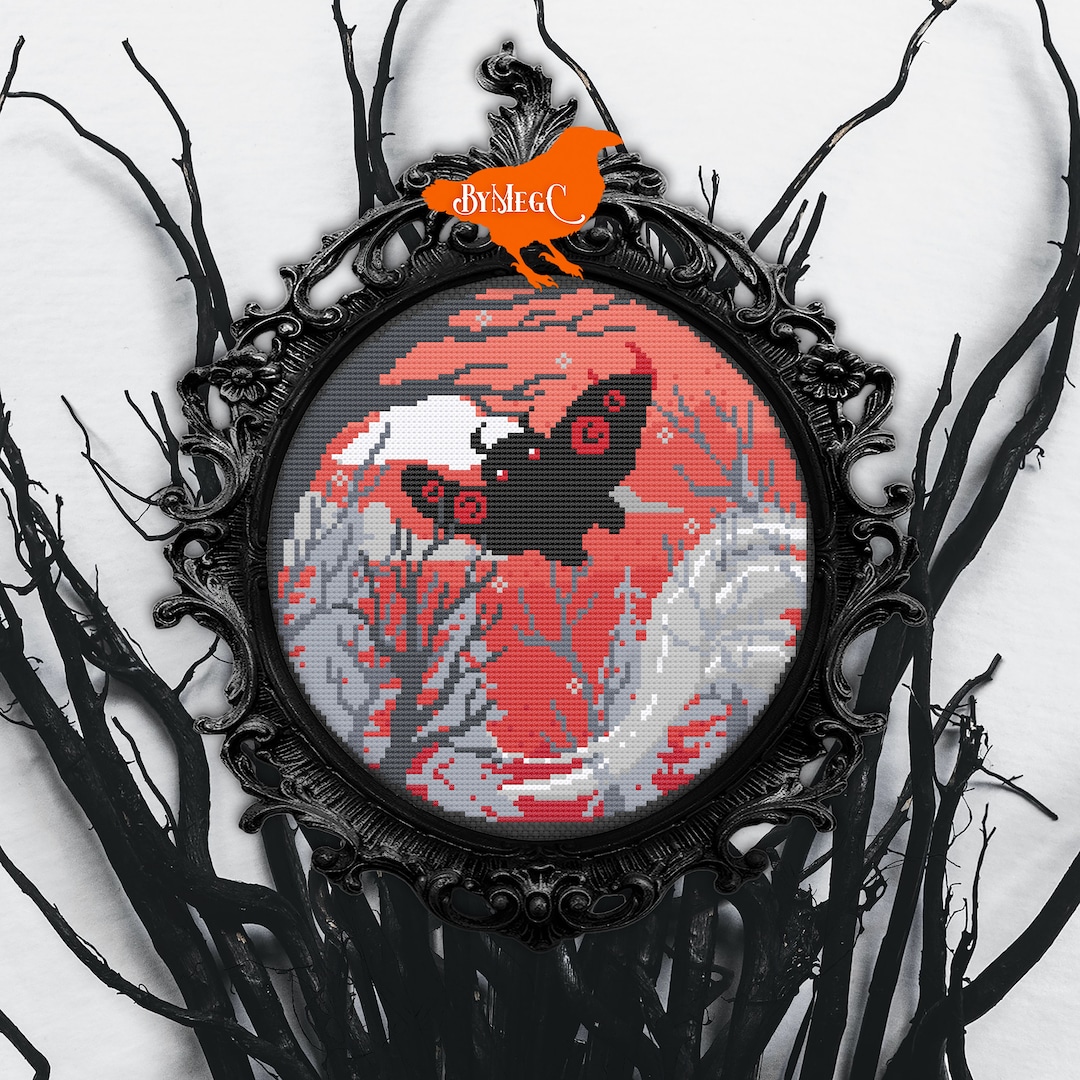 Mothman Flying at Sunset - Moody Red Cross Stitch Pattern, Spooky ...