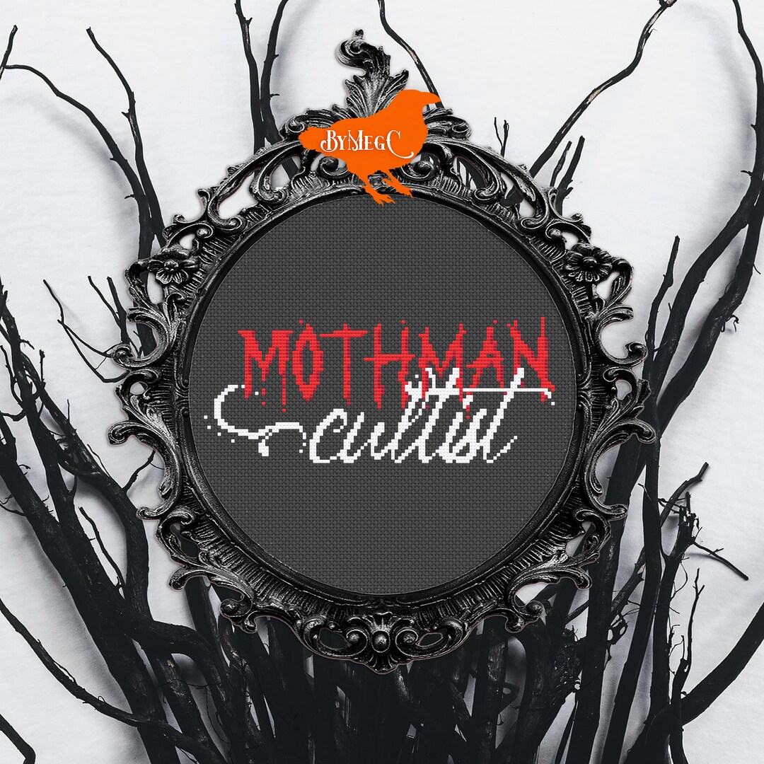 Mothman Cultist Cross Stitch Pattern, Spooky Cryptid Word Art Xstitch ...