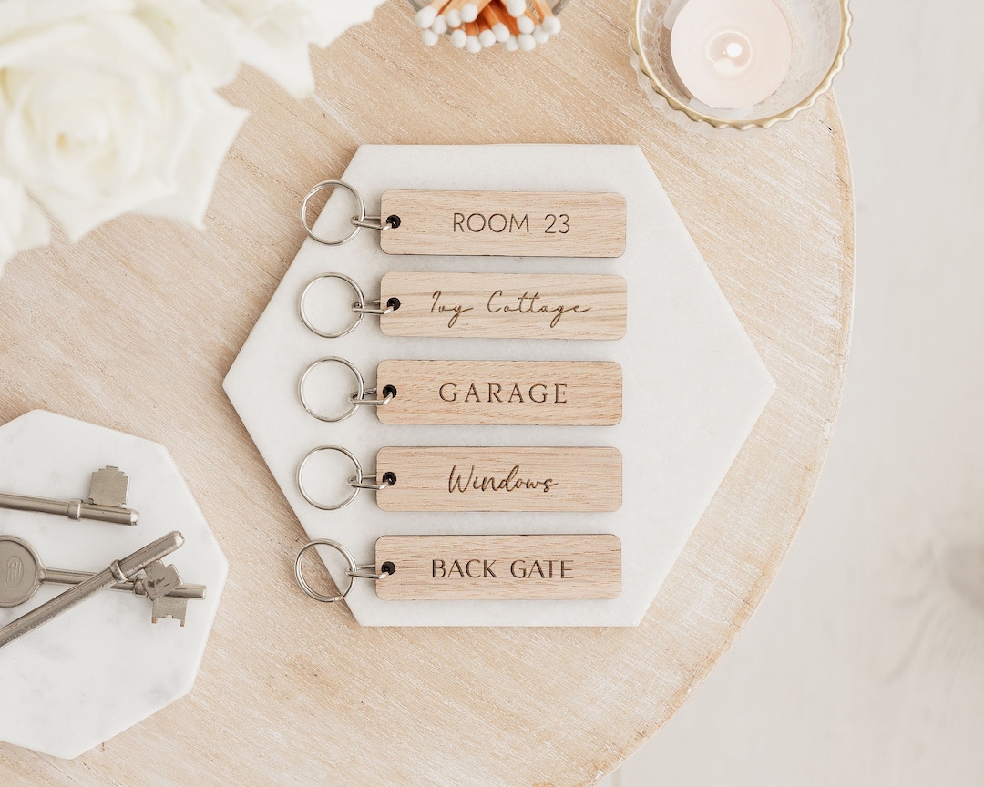 Personalised Oak Keyring | Custom Keychain | Hotel Room, Holiday Lets ...