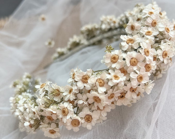 Dried Daisy Headband, White Daisy Floral Tiara, Dried Mini Daisy Flower ...