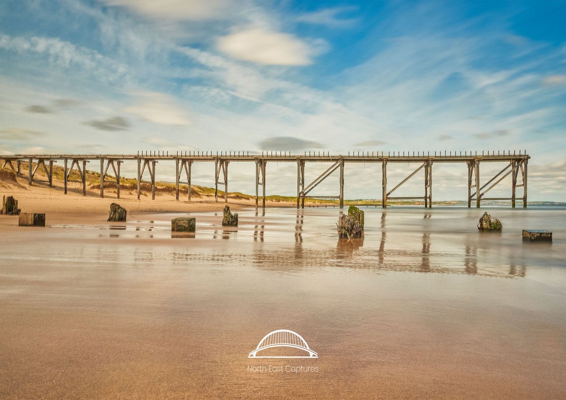 Steetley Pier in Hartlepool Print, Reflecting on the Wet Sandy Beach ...