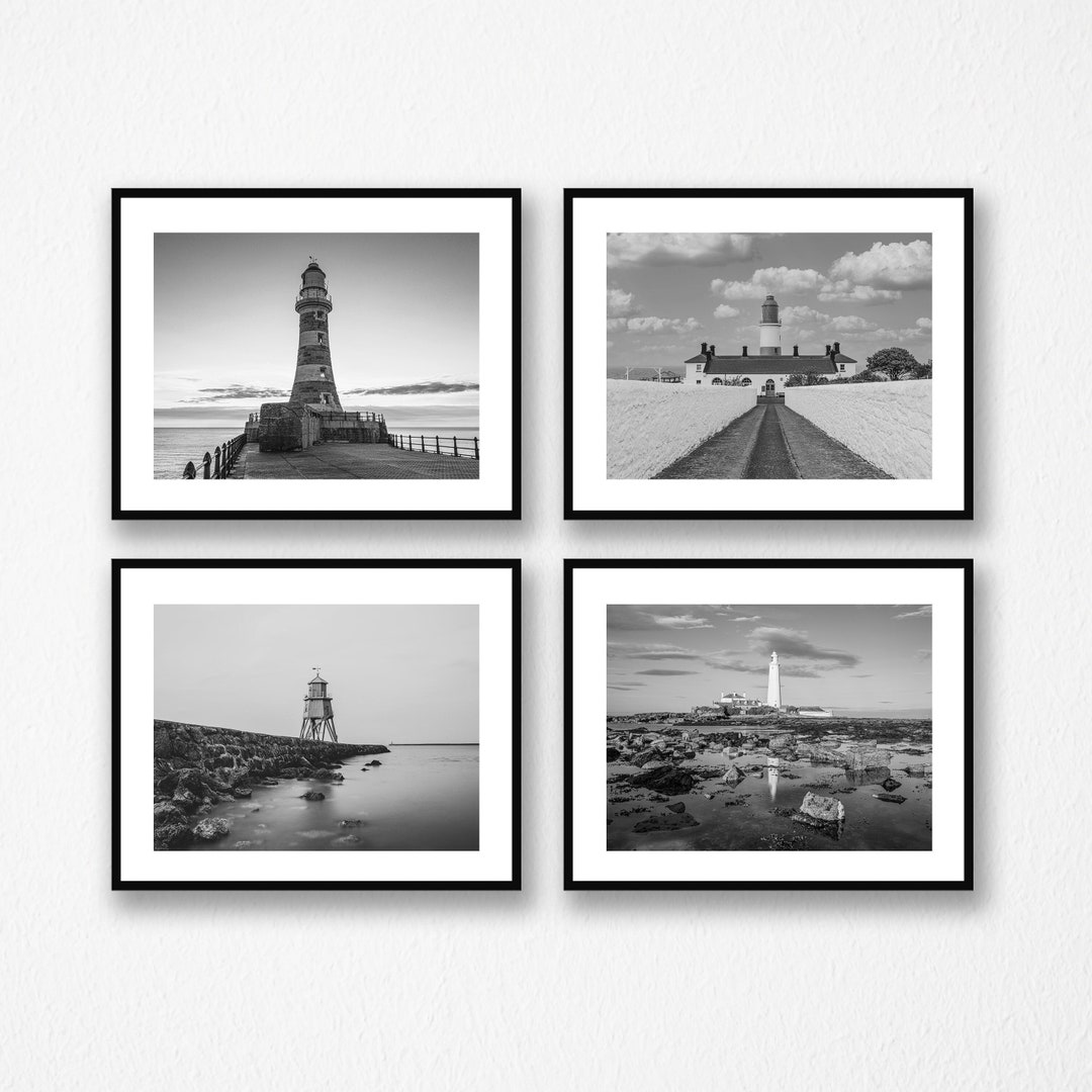 North East Lighthouses Print Set: Roker, St Mary's, Souter, Herd Groyne ...