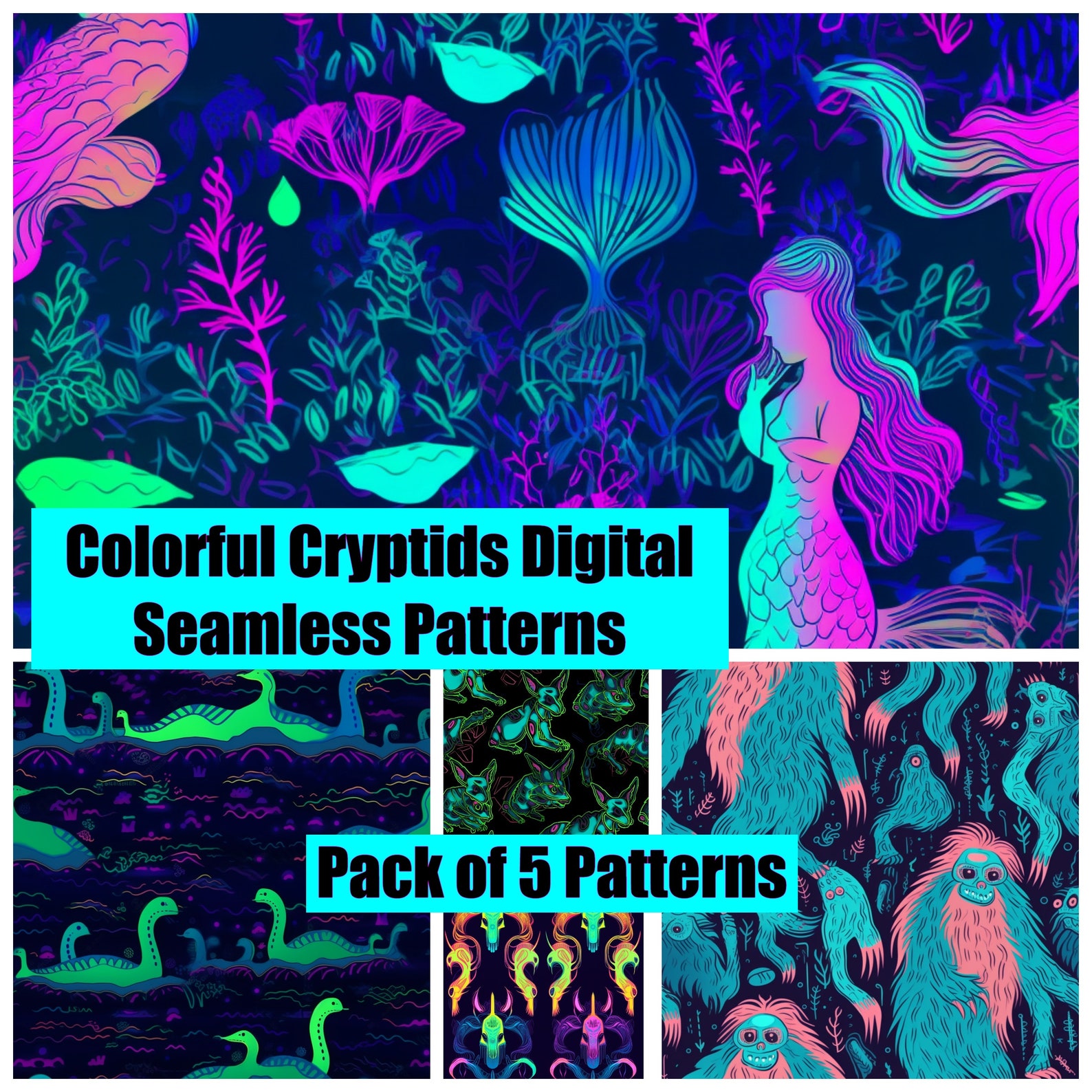 Colorful Cryptids Digital Seamless Pattern Digital Paper Pack of 5 - Etsy