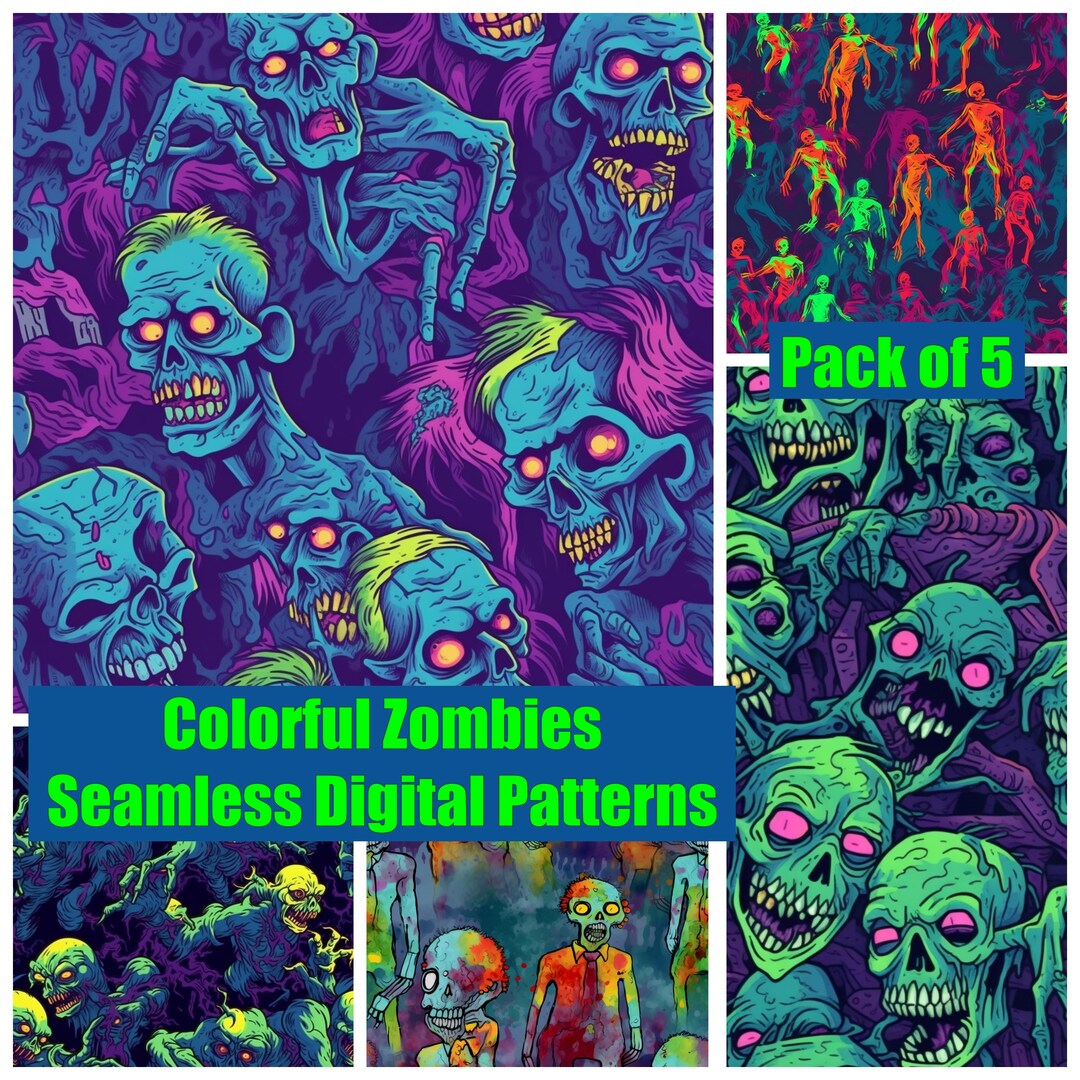 Colorful Zombies Seamless Digital Patterns Digital Paper Pack of 5 - Etsy