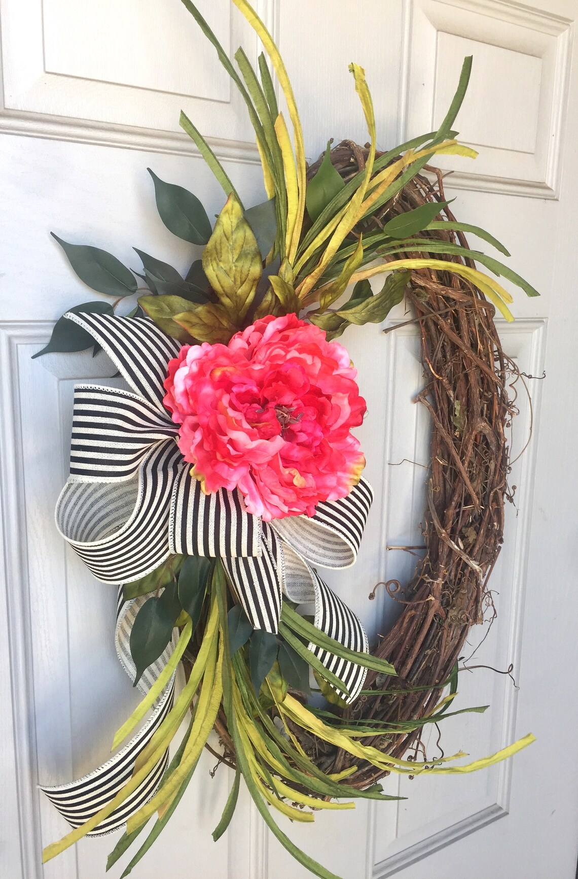 Oval Flower Door Wreath: 24" Grapevine Wreath With Striped Bow - Etsy