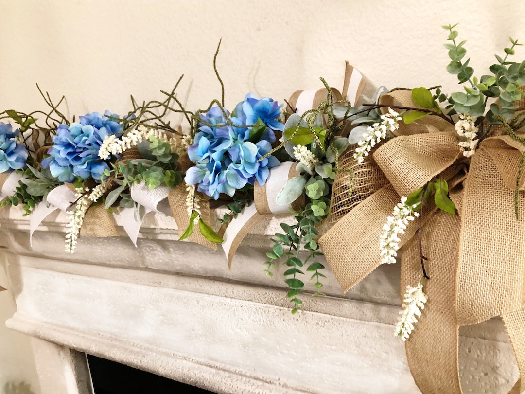 Blue Hydrangea Burlap Garland: Spring Mantel Table Centerpiece - Etsy