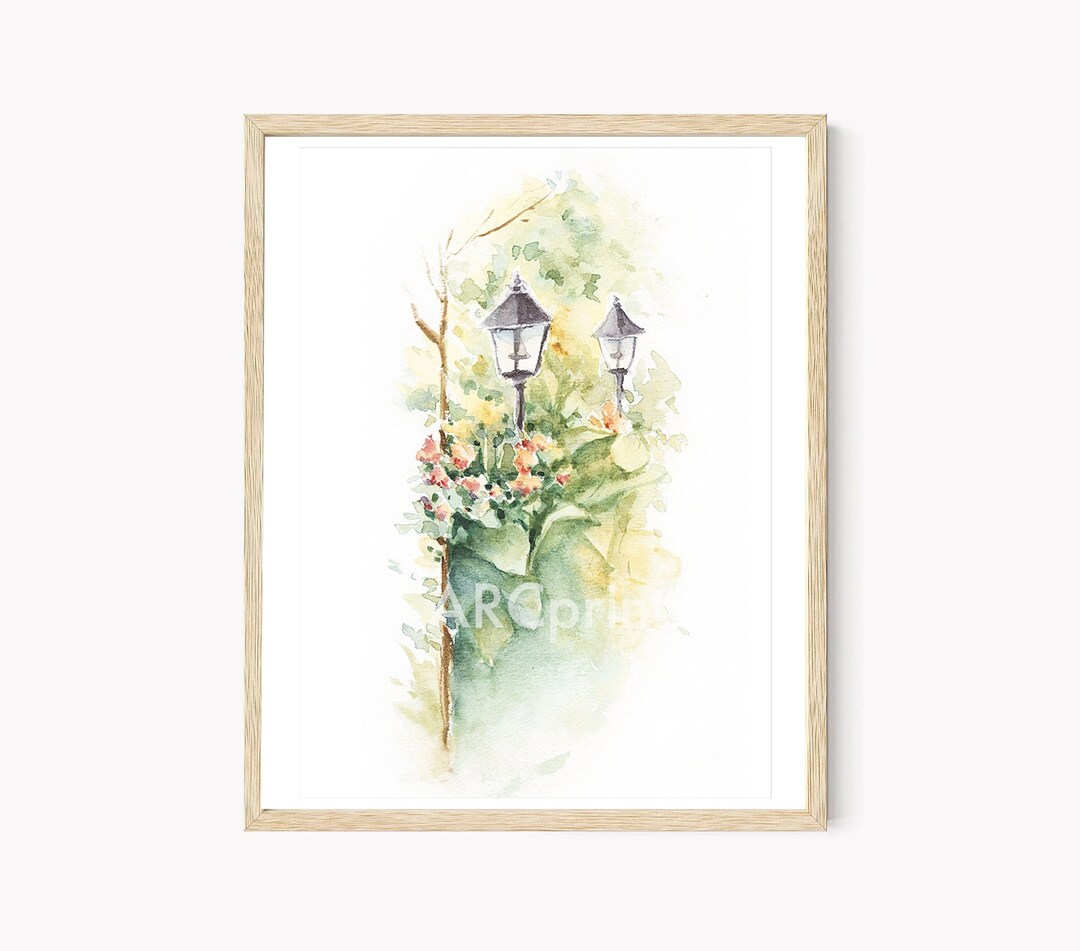 Lamps in Foliage Leaves Greens Park Lamp Posts Light Soft Watercolor ...