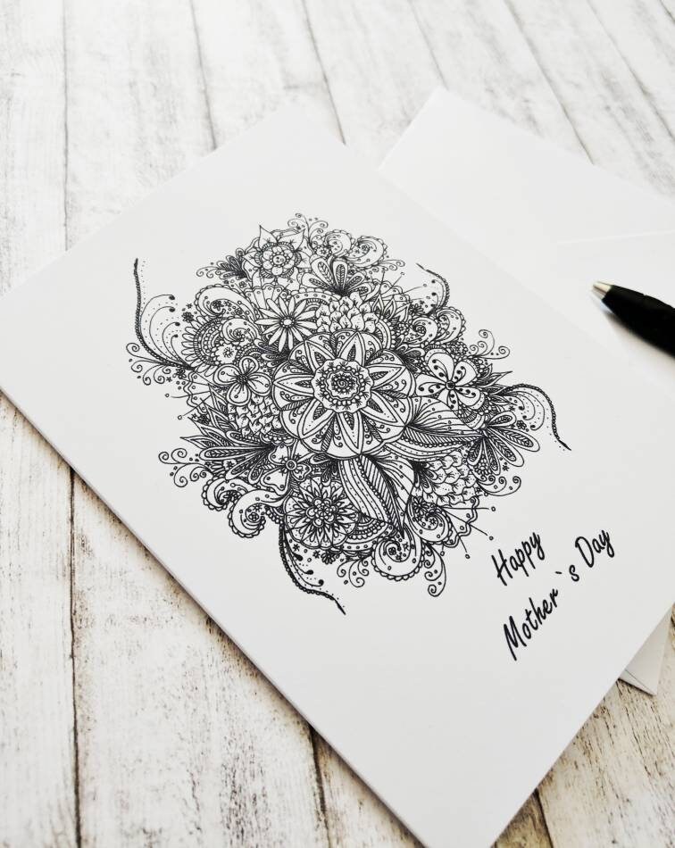 Zentangle Mother's Day Card, Flower Greeting Card, A6, Floral ...